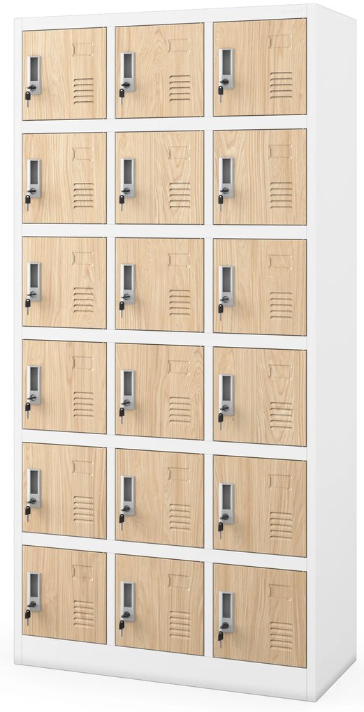 Skříňka pro zaměstnance s 18 uzamykatelnými boxy, bílá / dub sonoma, 900x1850x400 mm: KAROL Eco Design
