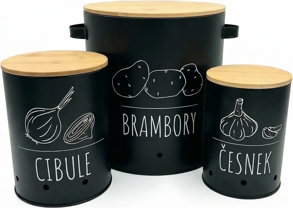 Orion Sada 3 dóz na cibuli, česnek a brambory, plechové s bambusovým víčkem BLACK CZ