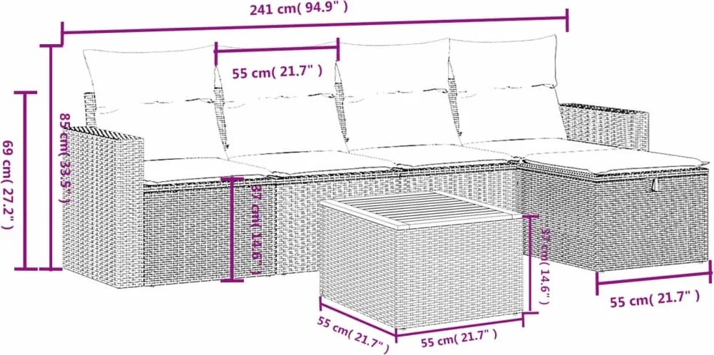 6dílná zahradní sedací souprava s poduškami černá polyratan 3264828