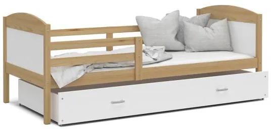 Dětská postel MATYAS P 90x200 cm s borovicovou konstrukcí v bílé barvě se šuplíkem.