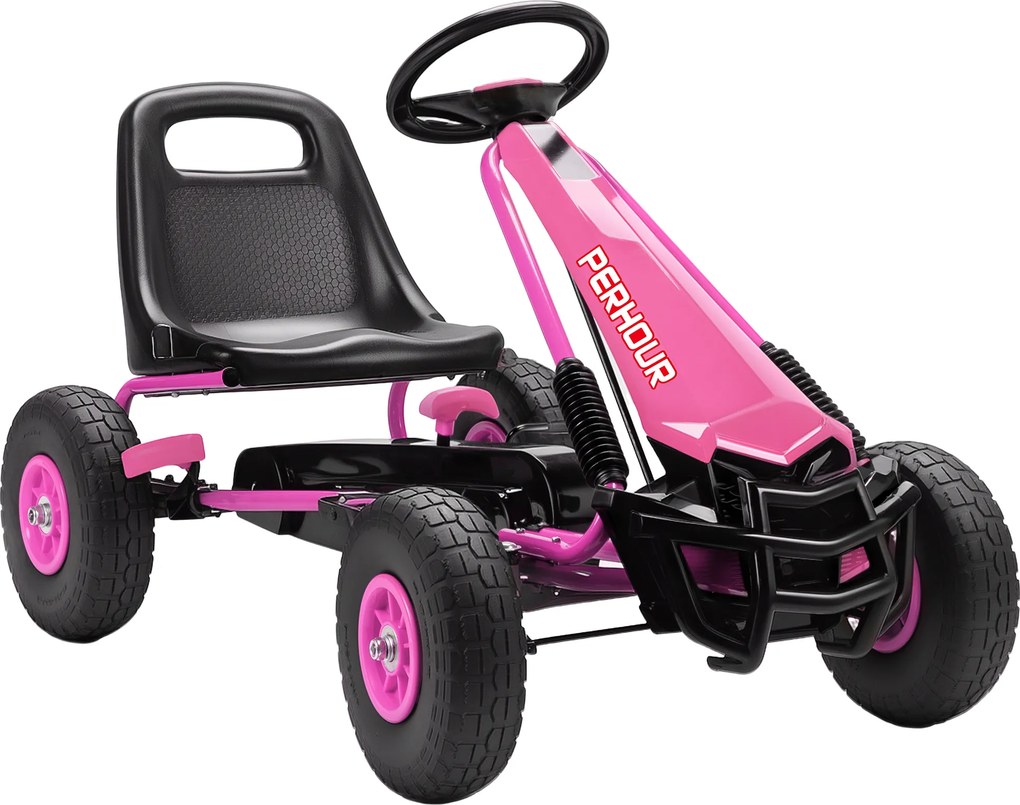 AIYAPLAY Pedálový gokart pro děti, výškově nastavitelné sedadlo, EVA kola, brzda, spojka, 3-8 let, růžová