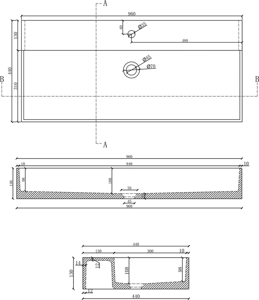 Sapho QUADRADO 96 x 44 cm AR467 betonové umyvadlo včetně výpusti bílý pískovec