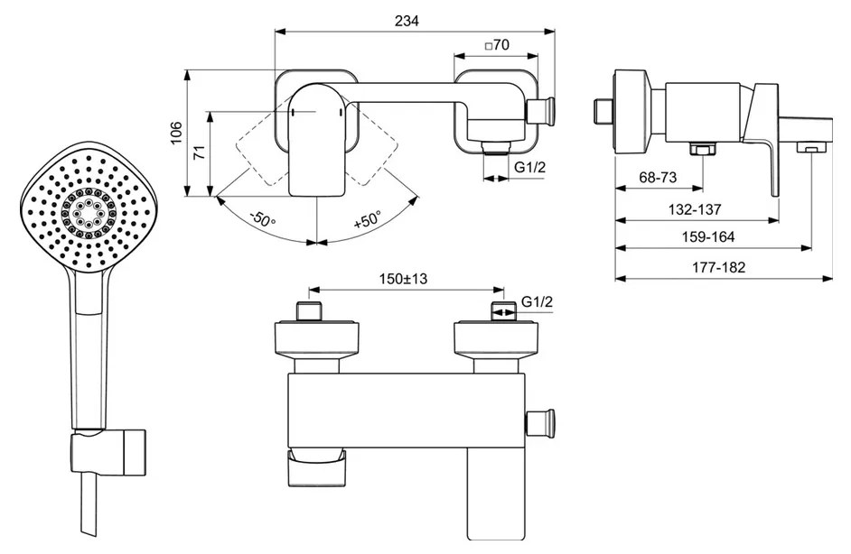 Ideal Standard Edge - Vanová baterie nástěnná se sprchovým příslušenstvím, Chrom A7122AA