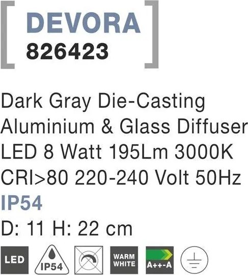NV 826423 Venkovní sloupkové svítidlo DEVORA tmavě šedý hliník a skleněný difuzor LED 8W 3000K 220-240V IP54 - NOVA LUCE