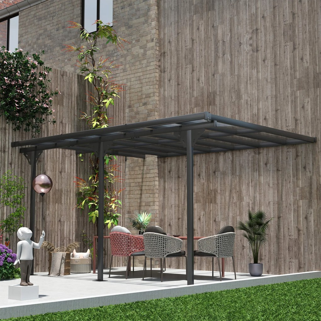 Hliníková pergola ke zdi 4,35 × 3,02 m, zastřešení terasy s polykarbonátovou střechou, výškově nastavitelná, šedá