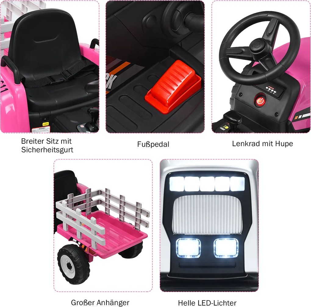 Costway 12 V dětský traktor s přívěsem elektrické autíčko – 135 × 51 × 53 cm