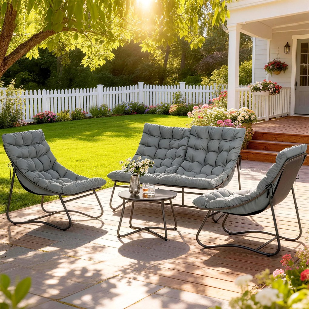 4-Sitzer Gartenmöbel-Set, 2 Stühle, 1 Doppel-Sofa, 1 Tisch, dicke Kissen, Stahlrahmen, für Terrasse, Grau