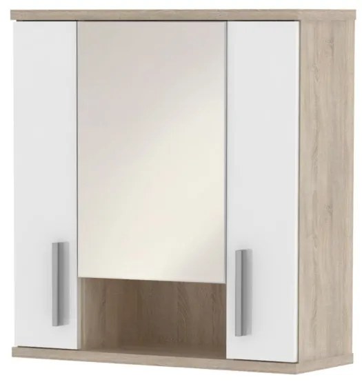 Bílá závěsná skříňka se zrcadlem v dekoru dub sonoma LESSY LI 01
