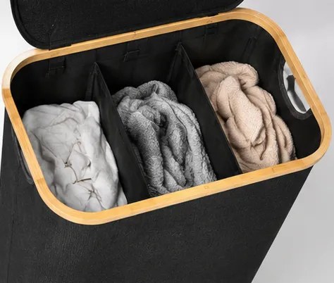 koš na prádlo, objem 110+ l, s víkem, 3 odnímatelné tašky, látka/bambus, 75x43x32 cm, černá/přírodní, Dekorino KP20260003