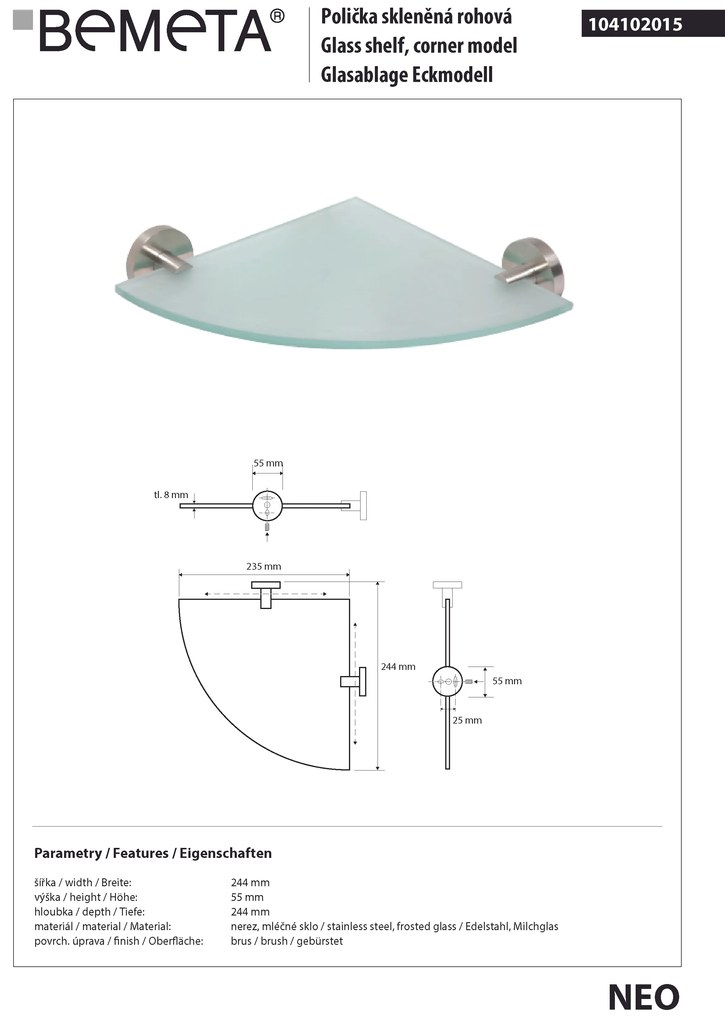 Bemeta Design NEO: Polička, rohová, sklo - 104102015
