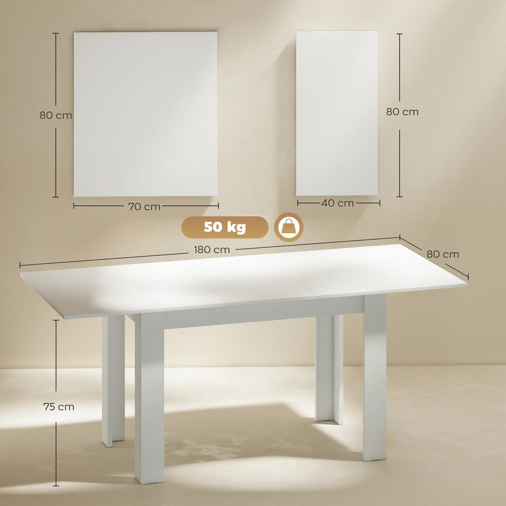 HOMCOM Rozkládací jídelní stůl, 140/180 x 80 cm, kuchyňský stůl pro 6-8 osob, do kuchyně, jídelny, bílý