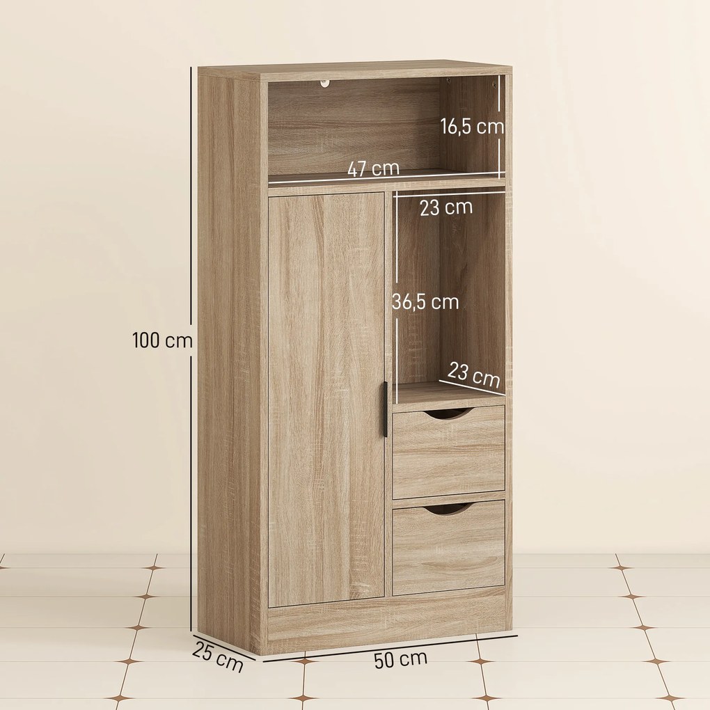 HOMCOM koupelnová skříňka se 2 zásuvkami, otevřenou přihrádkou a nastavitelnými policemi pro malý prostor, 50x25x100 cm, přírodní
