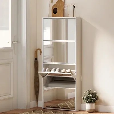 HOMCOM úzká skříňka na boty se zrcadlem a 4 klapkami pro 12 párů bot, 63x17x146 cm, bílá