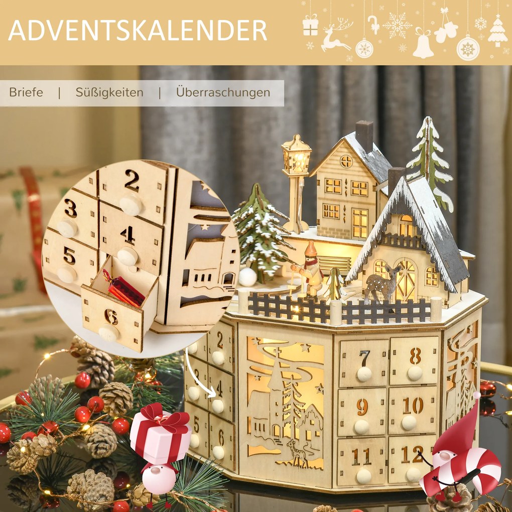 HOMCOM Adventní kalendář, box na adventní kalendář, vánoční dekorace, LED světla, 24 zásuvek, přírodní