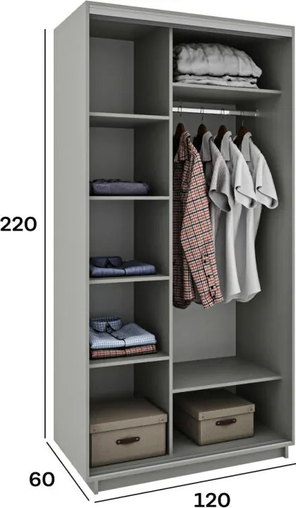 Skříň s posuvnými dveřmi 1200x2200x600 1LTD 1 Zrcadlo Kašmír, profil stříbrný