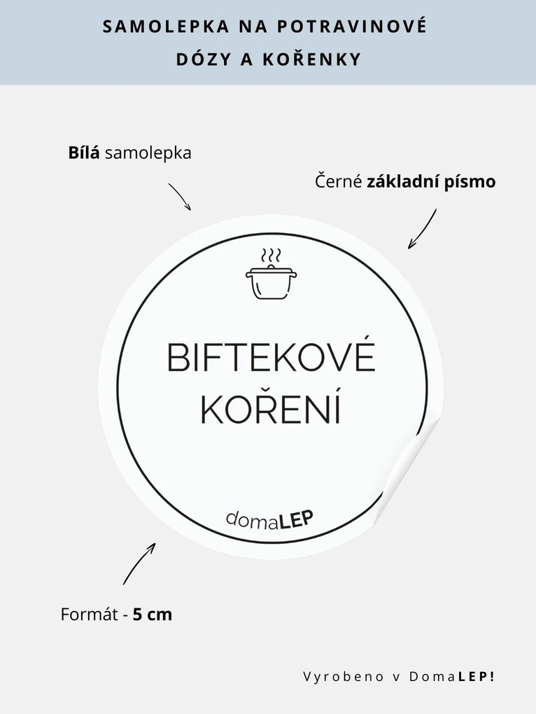 Samolepka na kořenky BIFTEKOVÉ KOŘENÍ bílá 5 cm základní písmo