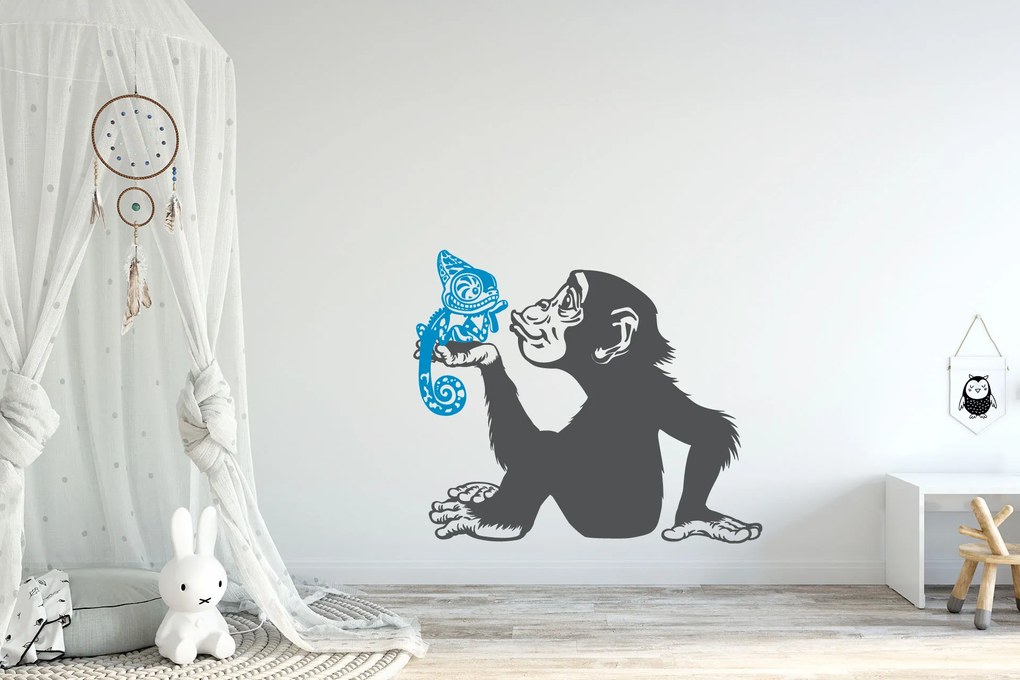 Lepy.cz Samolepka na zeď Safari - Opice s ještěrkou Velikost (šířka x výška): l37x115cm, Kombinace barev sety: Světle oranžová + ledová modrá