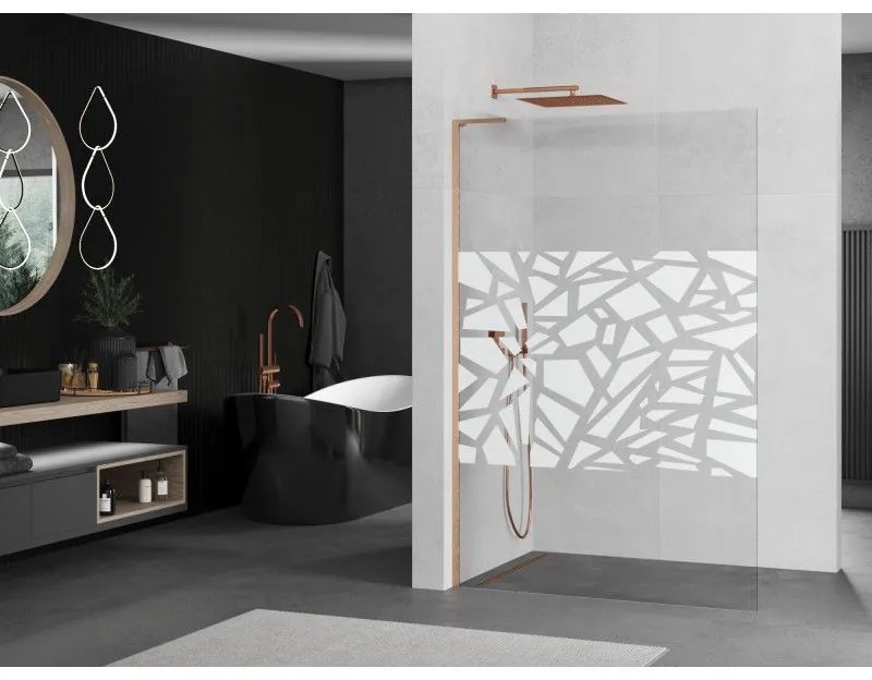 Mexen Kioto L, sprchová zástěna Walk-In 90 x 200 cm, 8mm čiré sklo bílý vzor, ​​měděný matný profil, 800-090-103-65-85