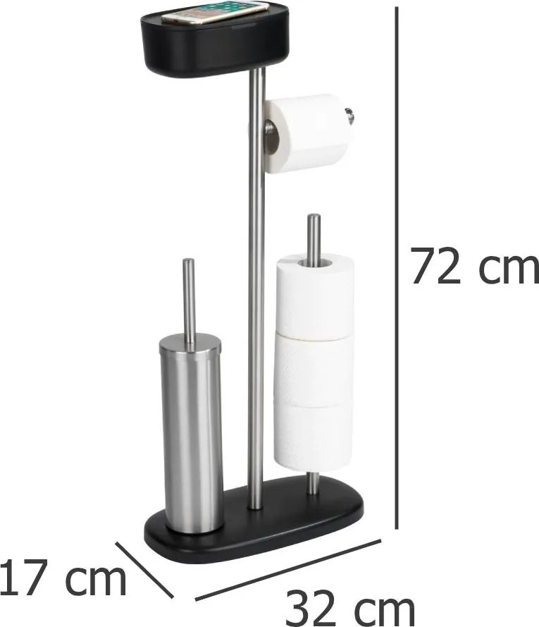 Stojan na toaletní papír a WC štětku s policí a úložným košem RIVAZZA, 4 v 1, černý