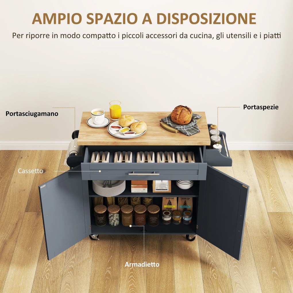HOMCOM Víceúčelový Kuchyňský Vozík s Šuplíkem, Kolíky, Regálem na Koření, Skříňkou a Horní Deskou z Gumového Dřeva, 109x40x89 cm, Šedý