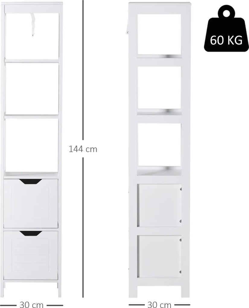 Kleankin Vysoký Víceúčelový Koupelnový Skříňový Nábytek se 3 Otevřenými Policemi a 2 Úložnými Šuplíky s Protipádovým Designem 30x30x144 cm Bílý