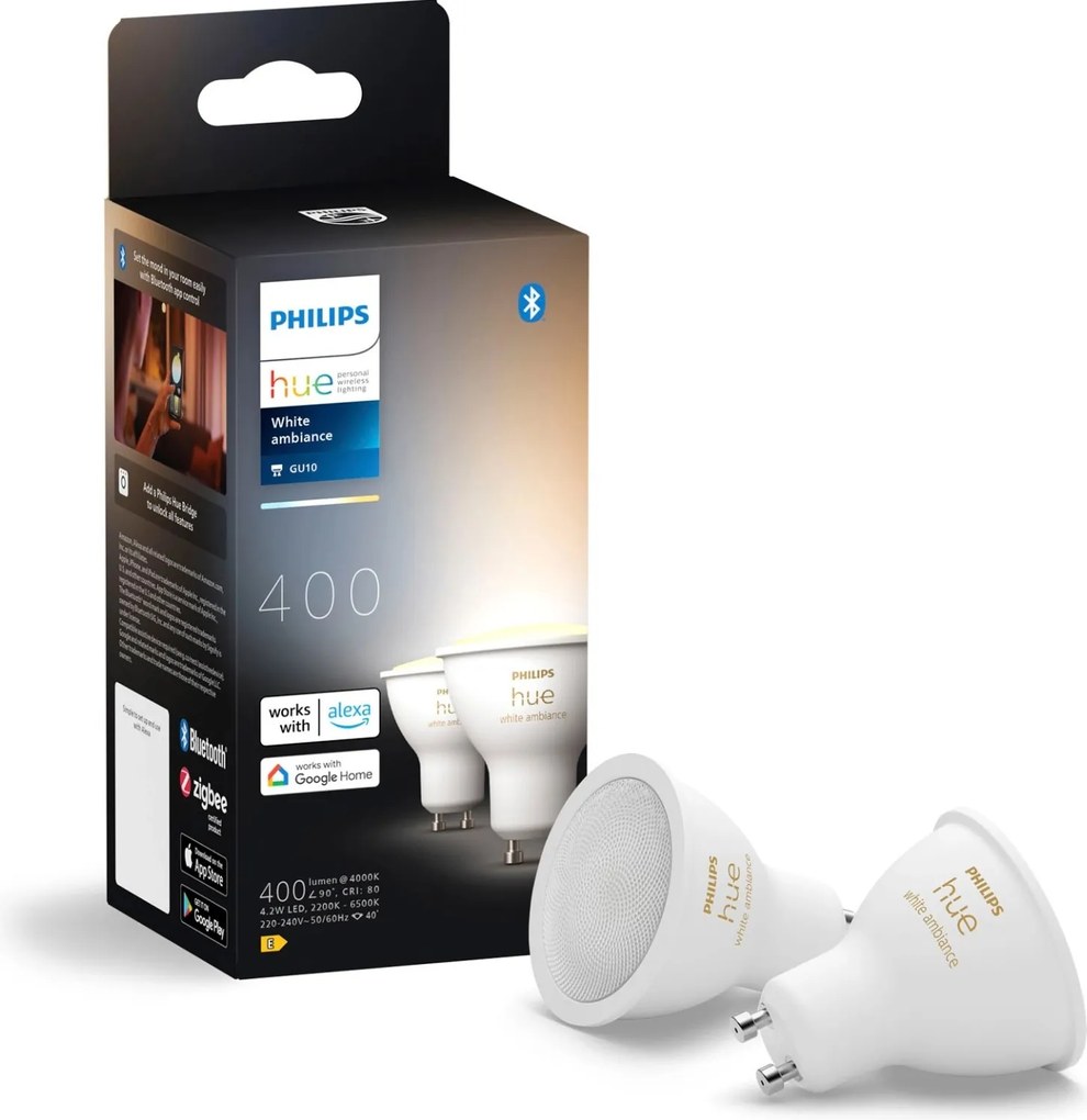 Philips Hue Smart žárovka White Ambiance GU10 4,2W 2200-6500K 400lm, 2 ks