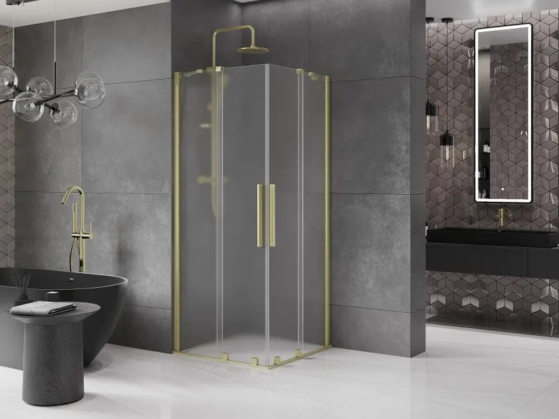 Mexen Velar Duo, sprchový kout s posuvnými dveřmi 80 x 80 cm, 8mm sklo námraza, zlatá matná, 871-080-080-32-55