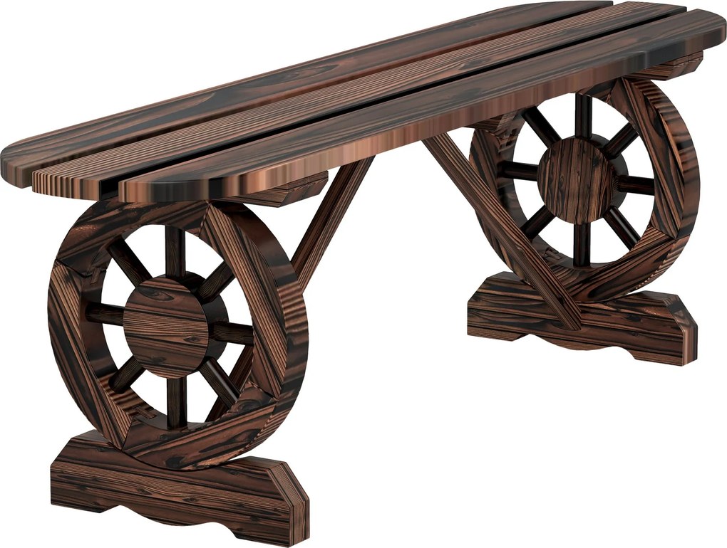 Outsunny Dvousedací Zahradní Lavice Dřevěná Lavice se 2 Dekorativními Koly Rustikální Styl Nosnost 200 kg pro Patio Terasu 120x29x39 cm Spálená
