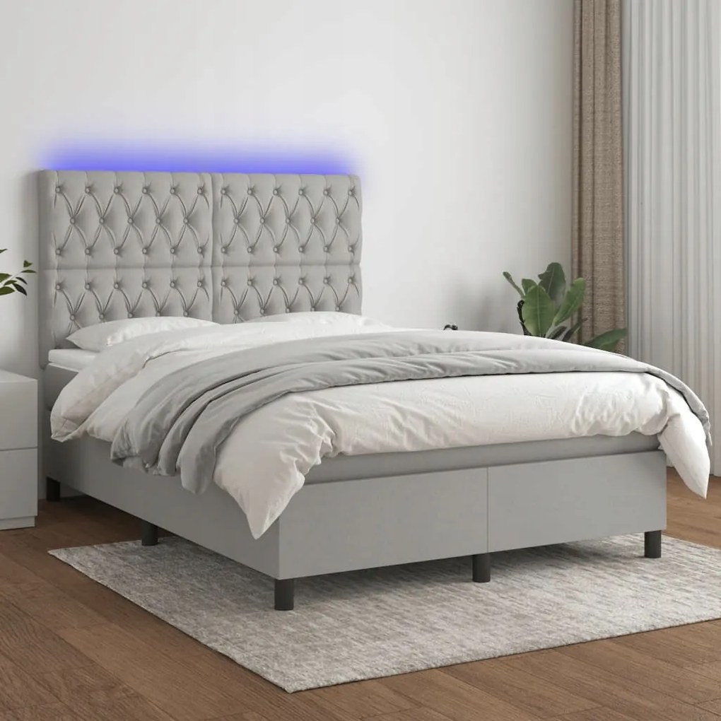 Box Spring Postel S Matrací A Led Textil Světle Šedá Prošívaný design 140