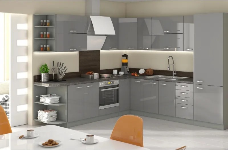 Nábytek Elegance Kuchyňská linka GRÉTA 120/180cm = Dolní skříňky: 80cm dřezová, 40cm zásuvková, Horní skříňky: 80cm plná, 40cm, 60cm digestořová.