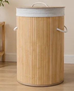 koš na prádlo, objedm 45 l, s víkem, bambus/látka, 50x35x35 cm, přírodní/krémová, Dekorino KP20260032
