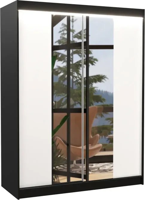 Posuvná skříň se zrcadlem a LED osvětlením FEVER 150 černá – bílá