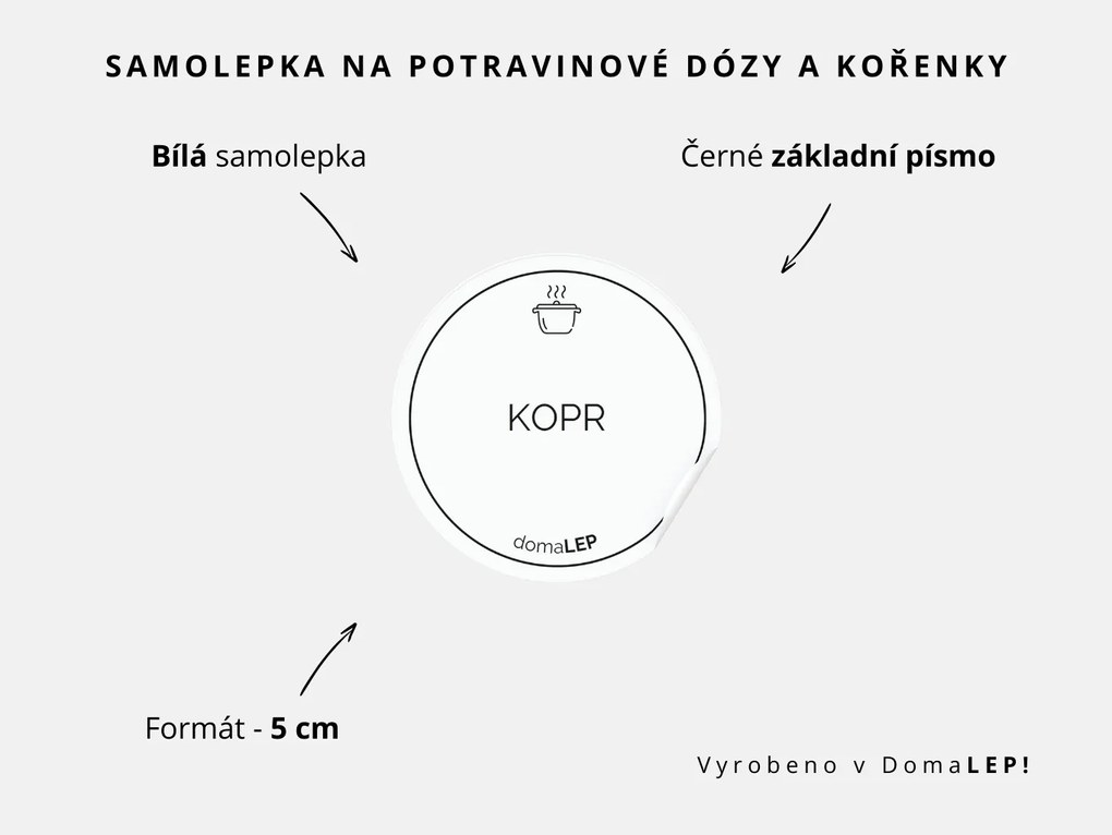 KOPR - omyvatelná samolepka na kořenky, výběr rozměrů Ø 5 cm / 5 x 5 cm / 6 x 8 cm | DomaLEP tvar: ČTVEREC, barva: BÍLÁ - ČERNÉ písmo, velikost: š. 5 cm x v. 5 cm - tučné písmo