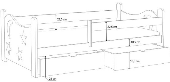 Dětská postel z masivu borovice STARS s výřezem a šuplíky - 200x90 cm - PŘÍRODNÍ BOROVICE