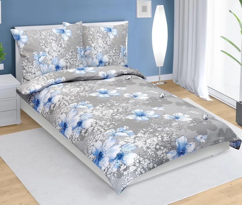 veratex Povlečení krepové modrý ibišek na šedé 140x200, 70x90 cm