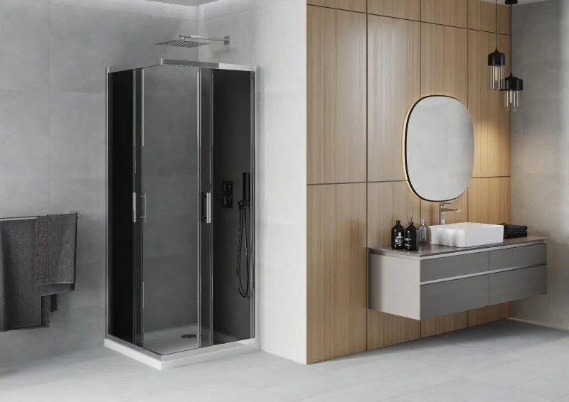 Mexen Rio čtvercový sprchový kout 90 x 90 cm, 5mm sklo, šedé sklo, chromový profil + slim sprchová vanička 5cm, 860-090-090-01-40-4010