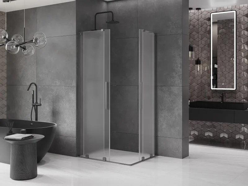 Mexen Velar L Duo, sprchový kout s posuvnými dveřmi 90 x 80 cm, 8mm sklo námraza, broušený grafit, 871-090-080-02-33-66