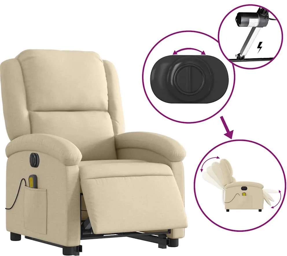 Elektrické zvedací masážní polohovací křeslo krémové textil 3204209