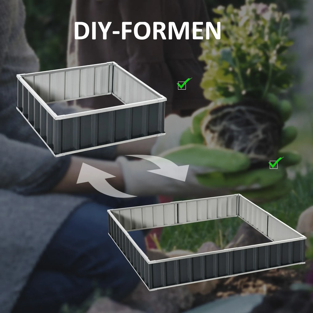 Outsunny DIY ocelový vyvýšený zahradní záhon ve tvaru T se štíty na rostliny a rukavicemi, tmavě šedý pro snadné zahradničení