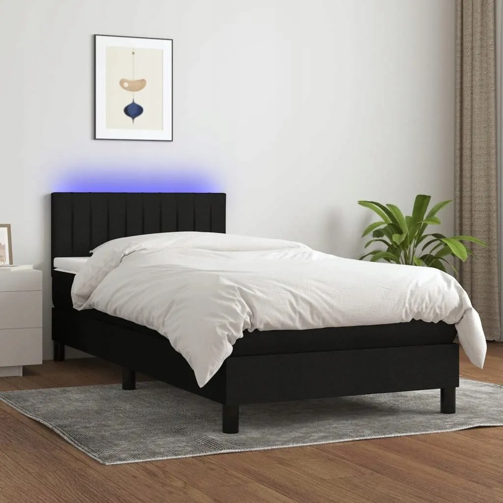 Box Spring Postel S Matrací A Led Černá Textil Černá Svislé pruhy 90 x 20