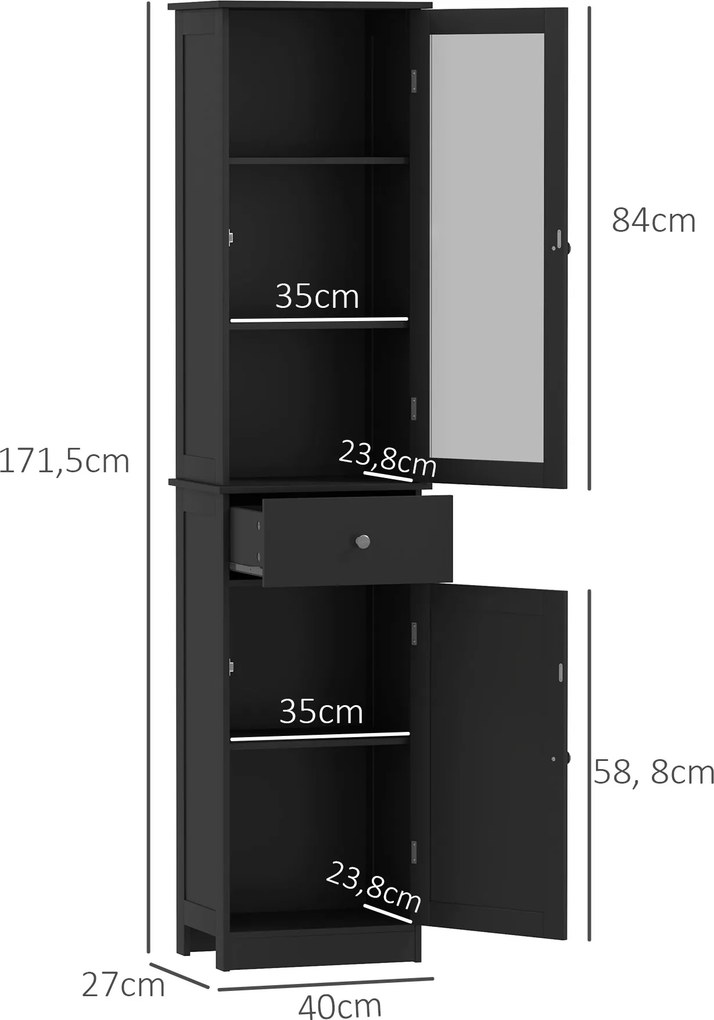 kleankin prostorově úsporná vysoká koupelnová skříňka s policí, zásuvkou a regály z MDF, 40x27x171,5 cm, černá