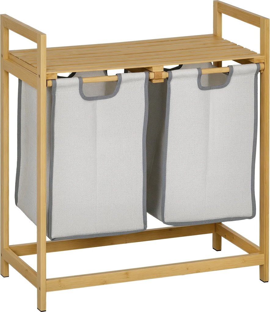 HOMCOM Bambusový koš na prádlo - Dvojnásobný koš na šaty se 2 odnímatelnými taškami a policí, nosnost 20 kg, 2x40,6L pro koupelnu a ložnici, 64x33x73