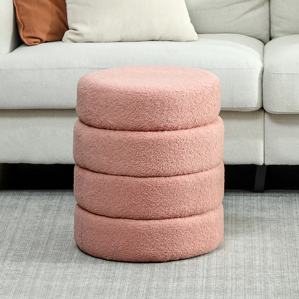HOMCOM Taburet, kulatý, teddy fleece, do 120 kg, Φ40x45H cm, růžová