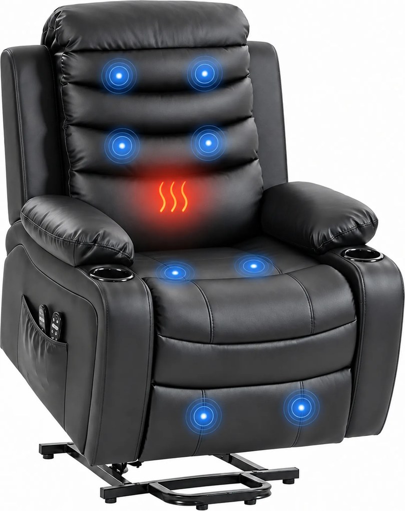 HOMCOM elektrické relaxační křeslo s funkcí vstávání, vibrační masáží a teplem, USB připojení, dálkové ovládání, černá