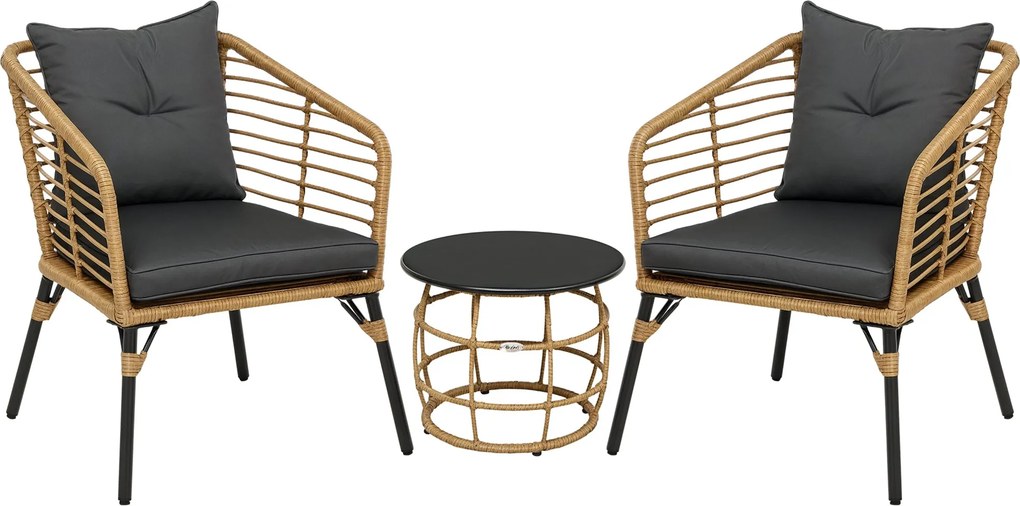 Outsunny Ratanová Zahradní Nábytek Set, 3-Dílná Sedací Skupina, včetně Kávového Stolu a 2 Židlí, Bistro Set s Polštáři, Nábytek na Terasu, Balkon, Oce
