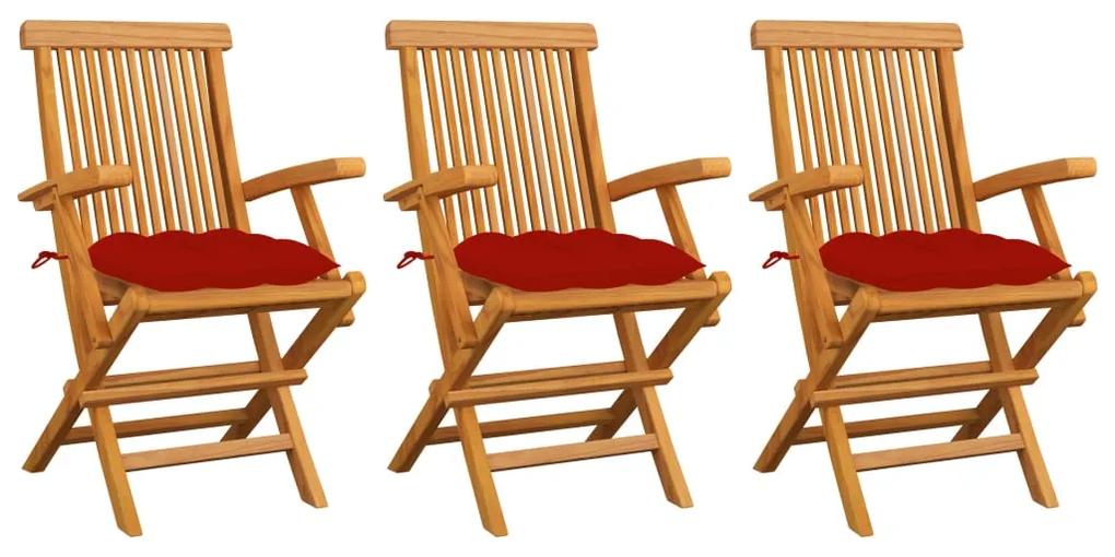 Zahradní židle s červenými poduškami 3 ks masivní teak,  3062535