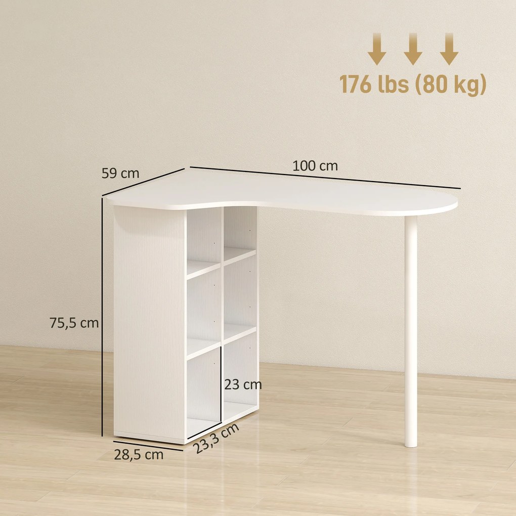 HOMCOM psací stůl s oblou deskou, 6 přihrádek a 4 nastavitelné police, MDF/ocel, 100 x 59 x 75,5 cm, bílá