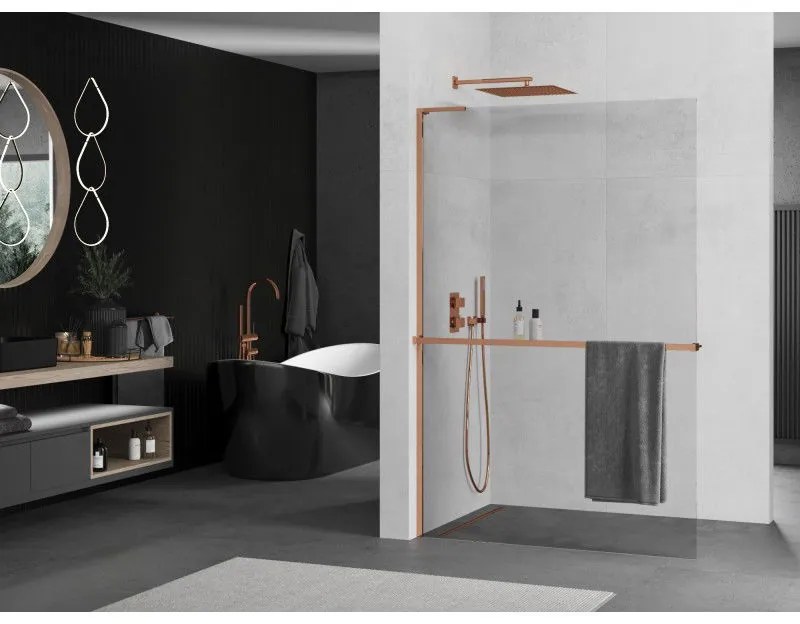 Mexen Kioto+ L, sprchová zástěna Walk-In s poličkou a věšákem 95 x 200 cm, 8mm čiré sklo, růžové zlato profil, 800-095-123-60-00