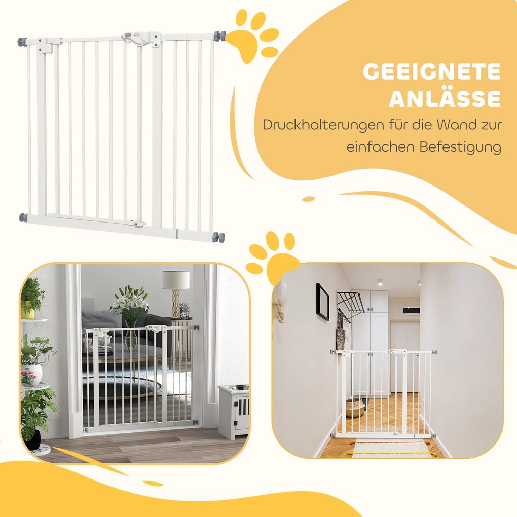 PawHut Zabezpečovací Zábrana Na Schody s 14 cm Expanzí Bez Vrtání pro Šířky 74-94 cm, Dvojitě Otevíratelná Zábrana, Bílá