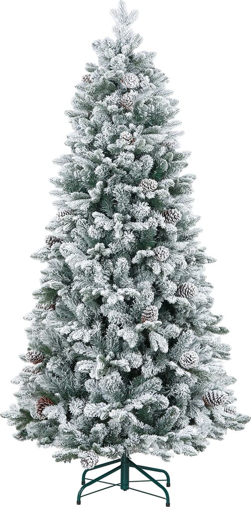 HOMCOM Umělý vánoční stromeček, umělý sníh a šišky, realistický, nehořlavý, kovový stojan, 183 cm, zelený